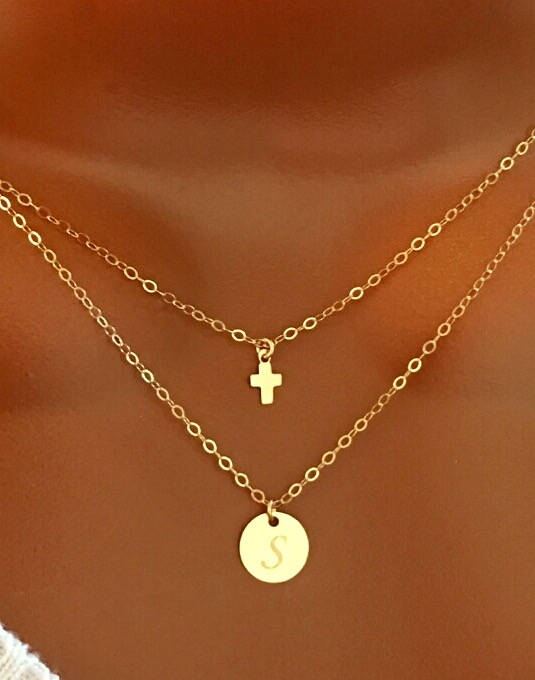 Personalisierte Unendlich Kleines Kreuz und Disc Halskette - 14k Gold gefüllt - Geschenk mit Gravur